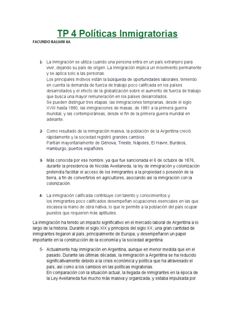 TP 4 Políticas Inmigratorias 31-3 | PDF | Inmigración | Argentina