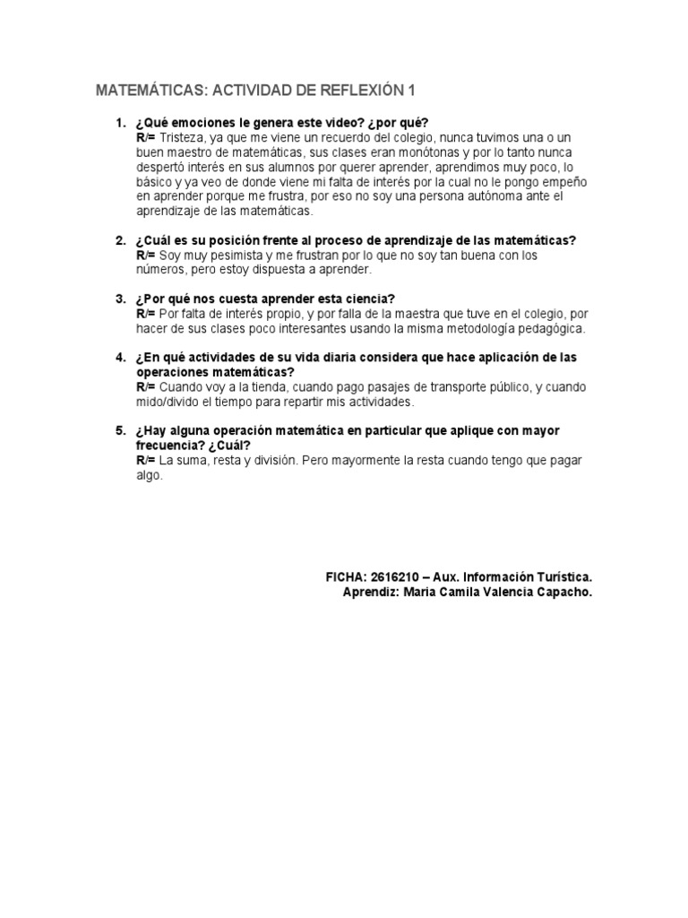Actividad de Reflexión - Matemáticas | PDF