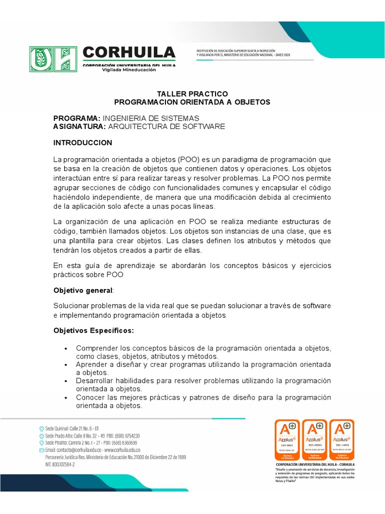 Taller Practico POO | PDF | Objeto (informática) | Programación ...
