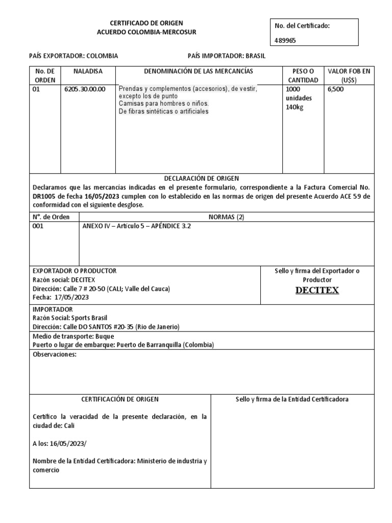 Certificado de Origen Mercosur Ace 72 | PDF | Economias