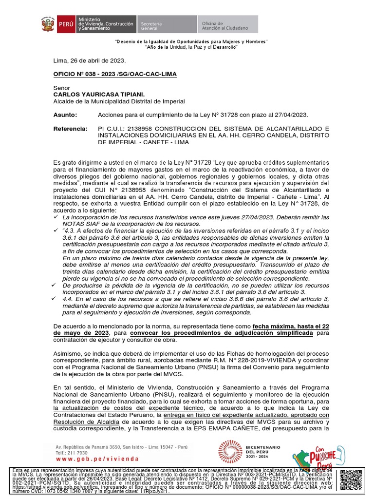 Oficio N°038-2023-CAC Lima Prov. (A MD Imperial PI CUI #2138958) (R) | PDF | Lima