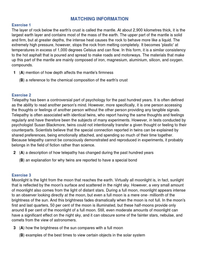 Matching Information Exercises | PDF | Moon | Night Sky