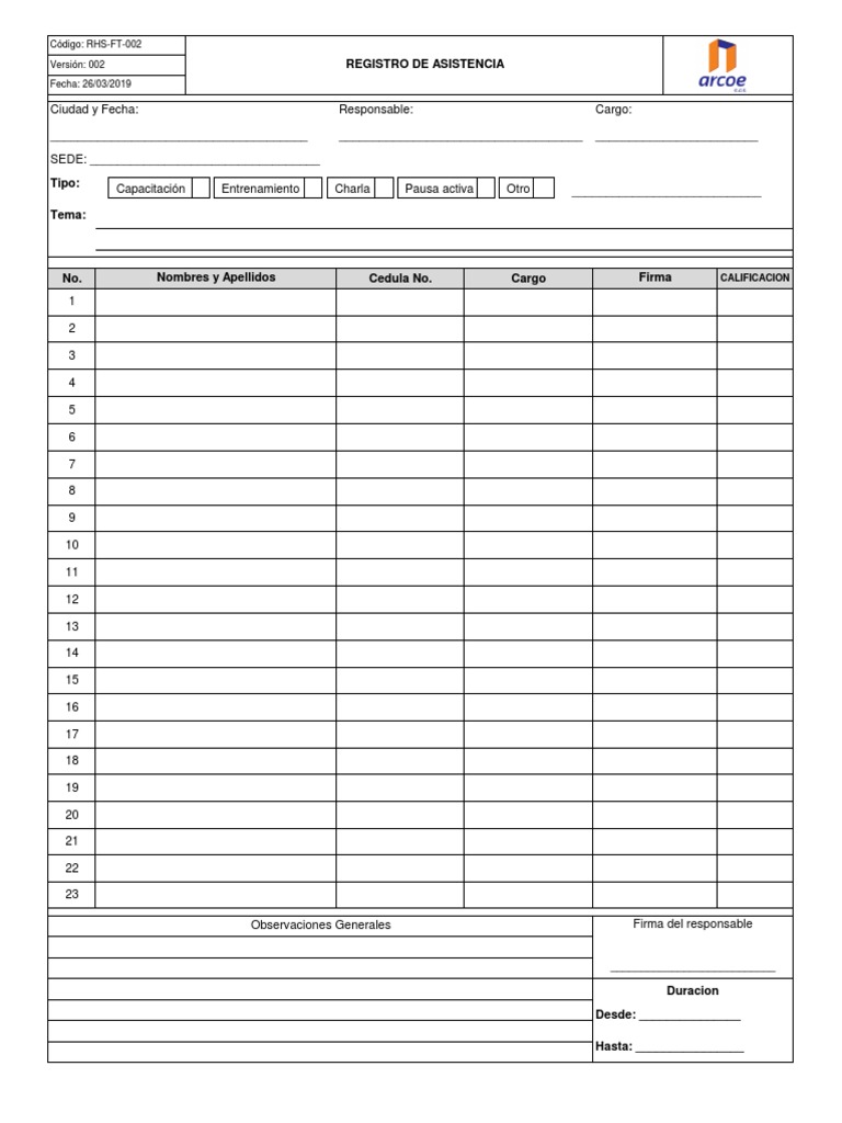 Rhs-Ft-002-Registro de Asistencia | PDF