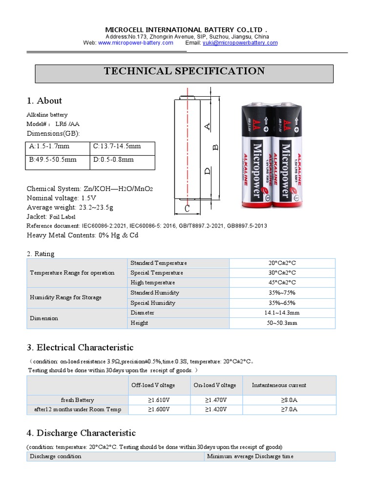 Microcell LR6/AA Alkaline Battery Specs | PDF | Battery (Electricity ...