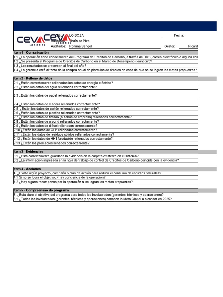 Checklist de Auditoría - Programa Credito de Carbono - ESP - Lo Boza | PDF | Residuos | Naturaleza
