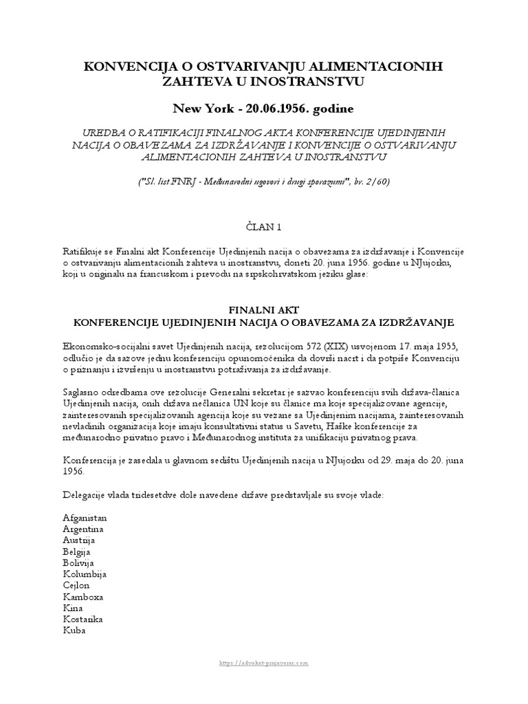 Konvencija o Ostvarivanju Alimentacionih Zahteva U Inostranstvu | PDF