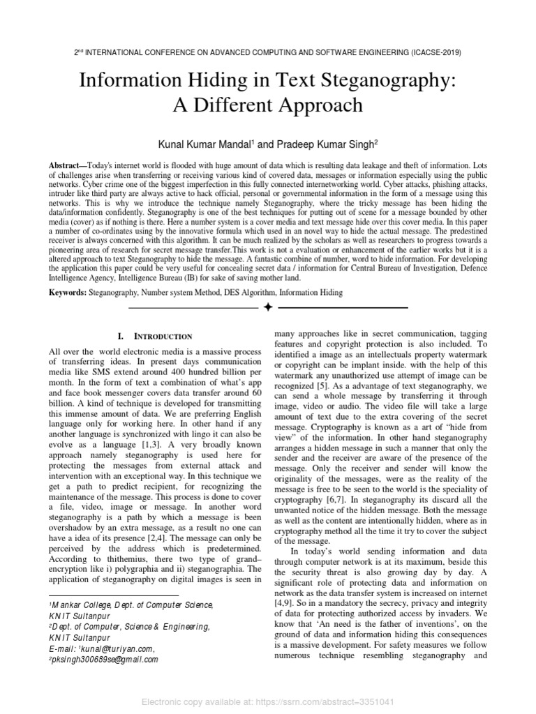 Information Hiding in Text Steganography A Different Approach-2019 | PDF | Cryptography | Encryption