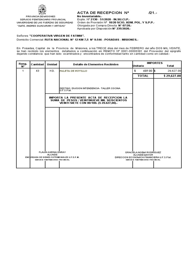 Recepción de Paleta de Novillo en Misiones | PDF
