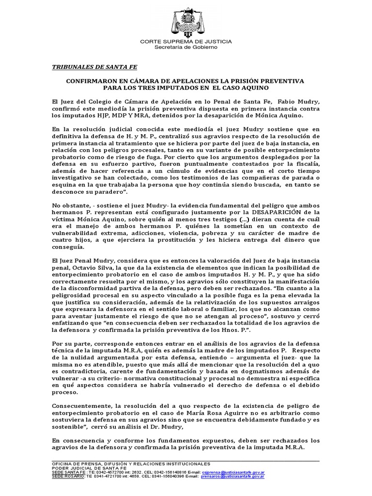 Caso Mónica Aquino. Confirmación de Prisión Preventiva Dr. Mudry | PDF | Judicaturas | Juez