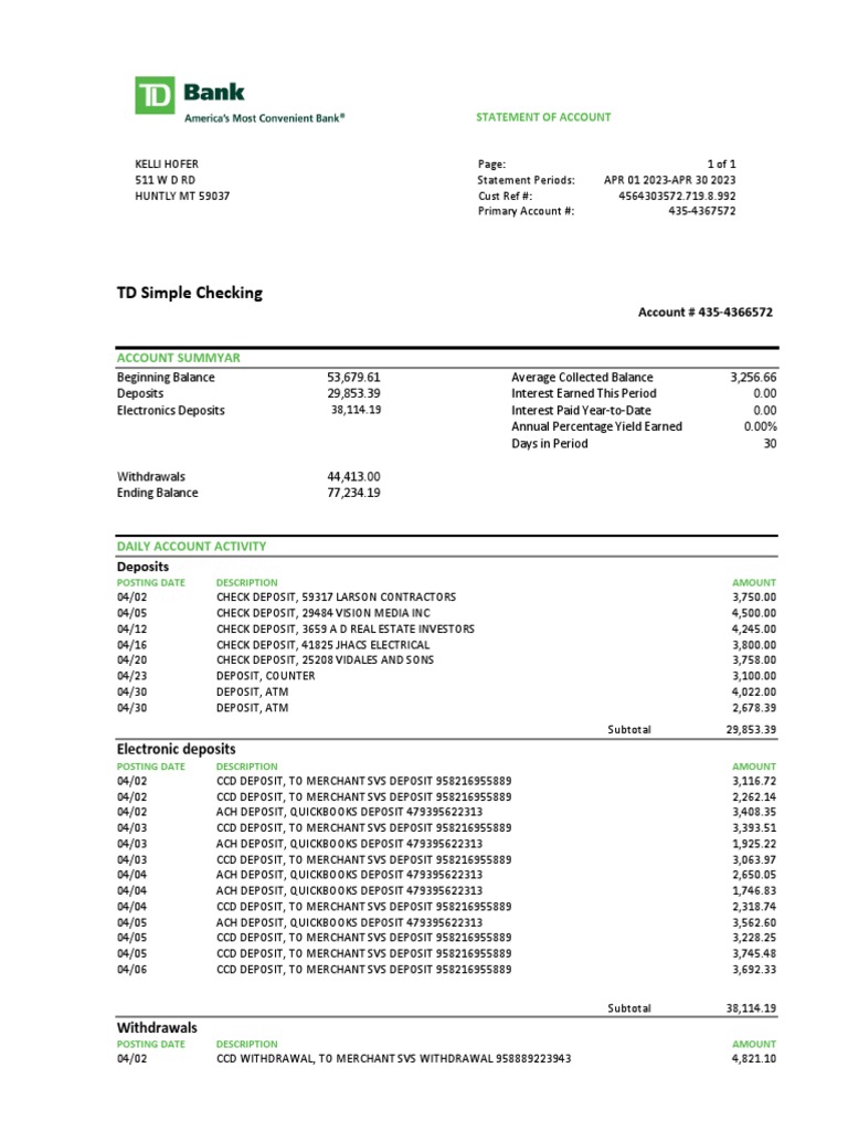 TD Bank Statement | PDF | Financial Services | Business