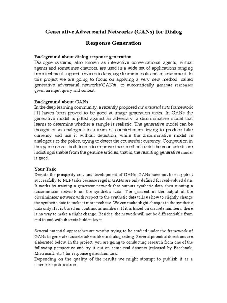 Generative Adversarial Networks For Dialog Response Generation | PDF | Deep Learning | Cybernetics