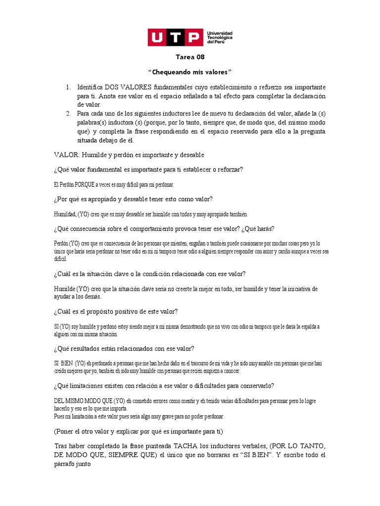 Tarea 08.c Chequeando Mis Valores | PDF | Perdón | Sicología