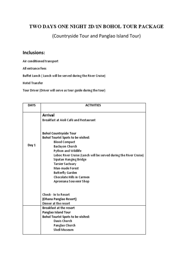 Two Days One Night 2D Bohol Tour Package | PDF