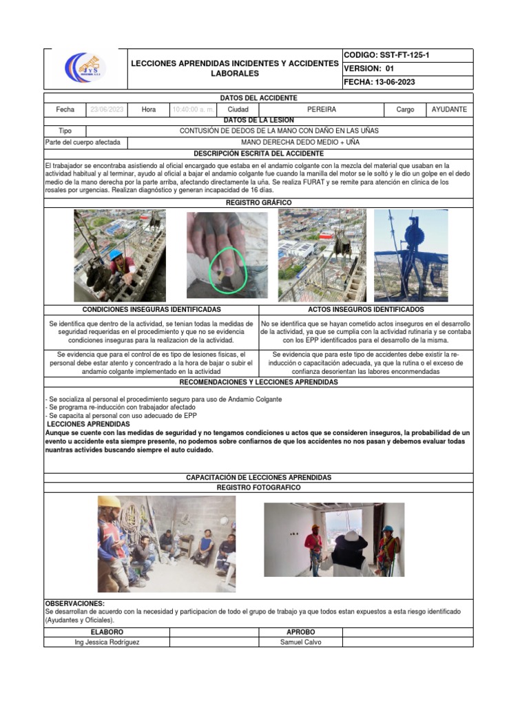 Sst-ft-125-1 Lecciones Aprendidas Accidentes Luis Galan | PDF