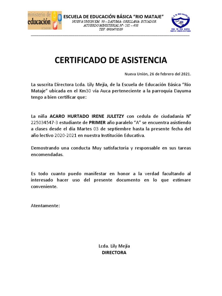 Certificado de Asistencia 2020-2021 | PDF
