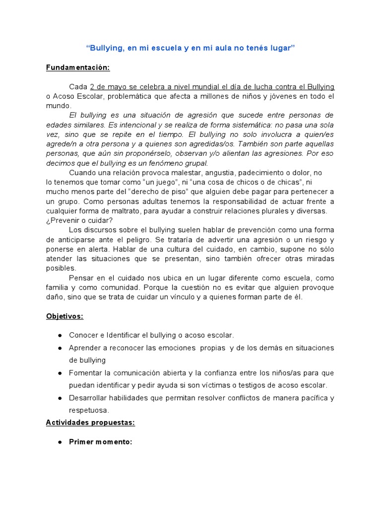 Bullying, en Mi Escuela y en Mi Aula No Tenés Lugar | PDF | Salud y ...