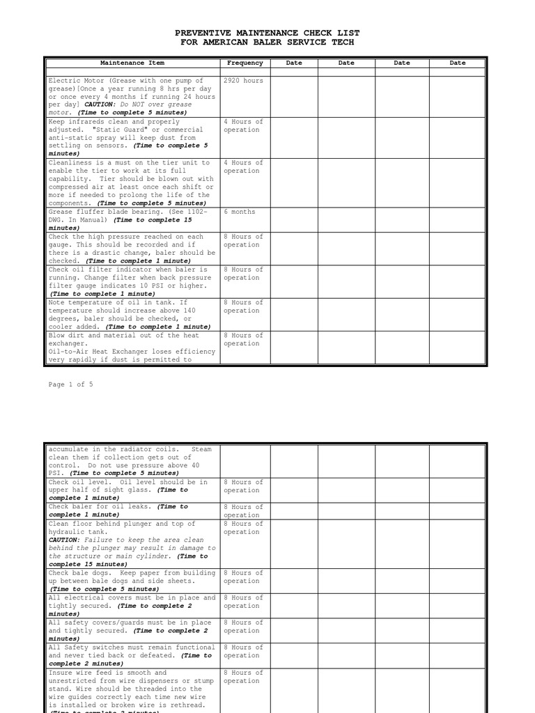 American Baler Preventive Maintenance Checklist | PDF | Bearing ...