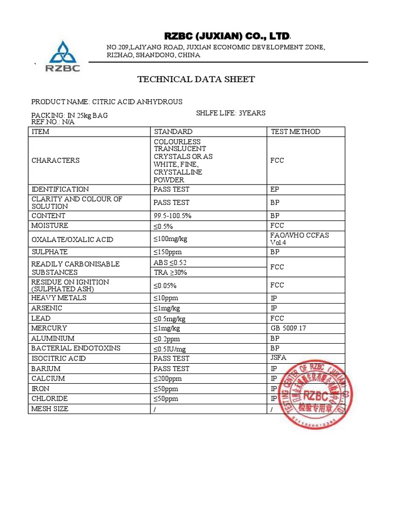 Citric Acid Anhydrous | PDF