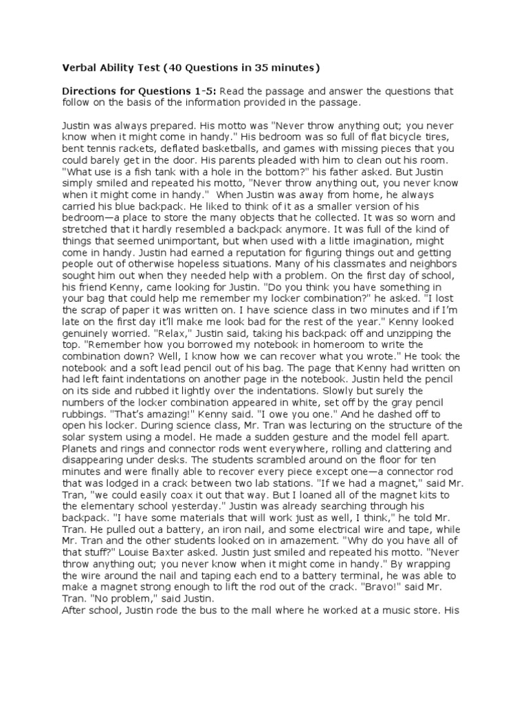 Verbal Ability Test (40 Questions in 35 Minutes) Directions For ...