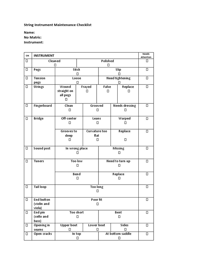 String Maintenance Checklist | PDF | String Instruments | Cello