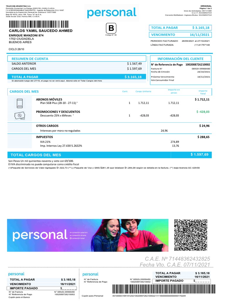 Factura Telecom Argentina: Detalles y Pago | PDF | Factura | Economias