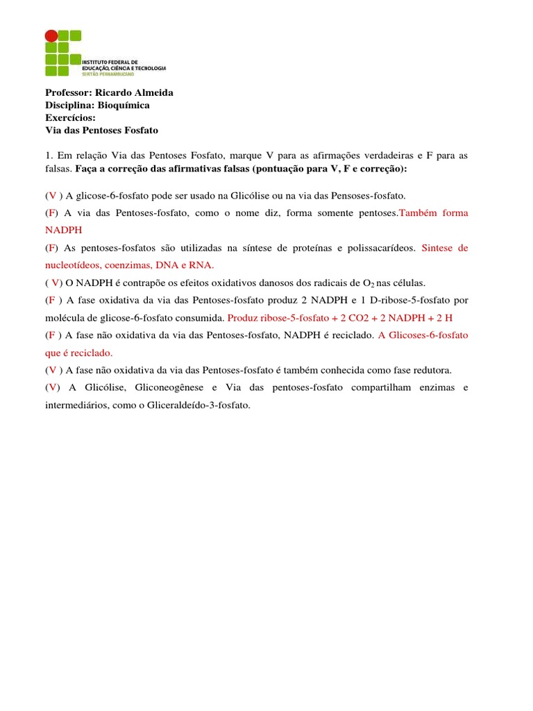 Roberto Matias Alves Belmiro de Souza - Atividade Via Das Pentoses Fosfato | PDF | Ciências e ...