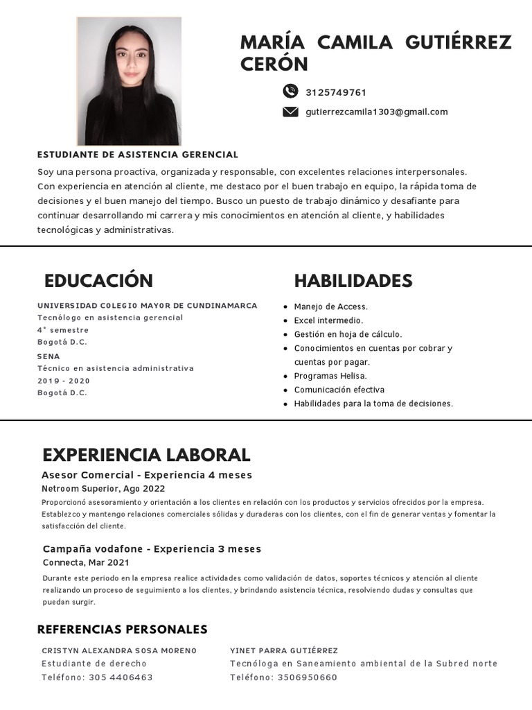 CV - Camila Gutierrez | PDF | Servicio al Cliente | Economias