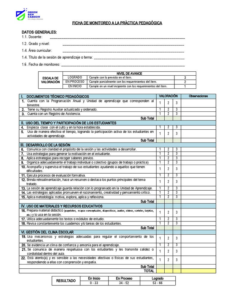 Ficha de Monitoreo Desempeño Docente | PDF | Aprendizaje | Maestros