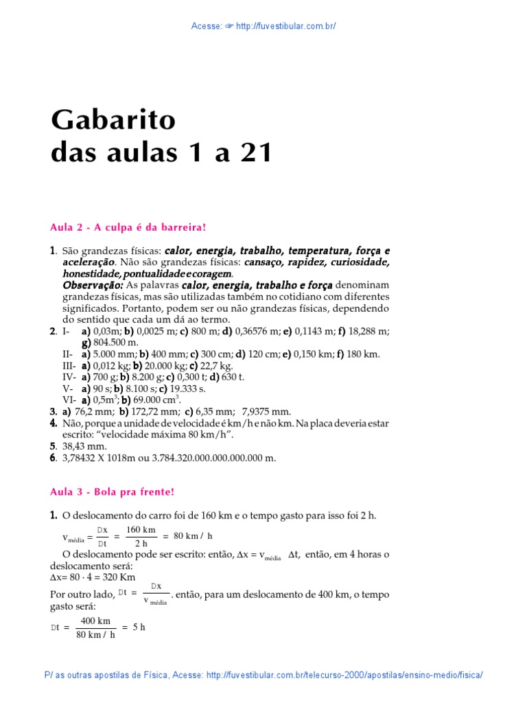 Gabarito Exercicios Fisica | PDF | Natureza | Quantidades físicas