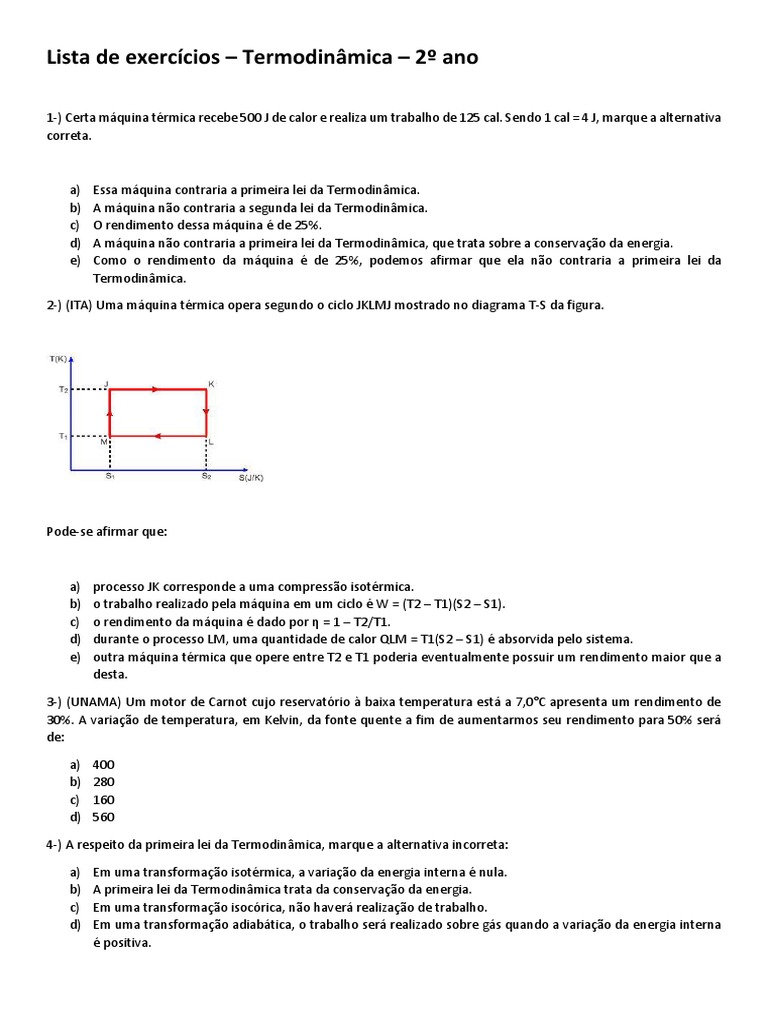Lista de Exercícios Termo - 2 Bim | PDF | Termodinâmica | Temperatura