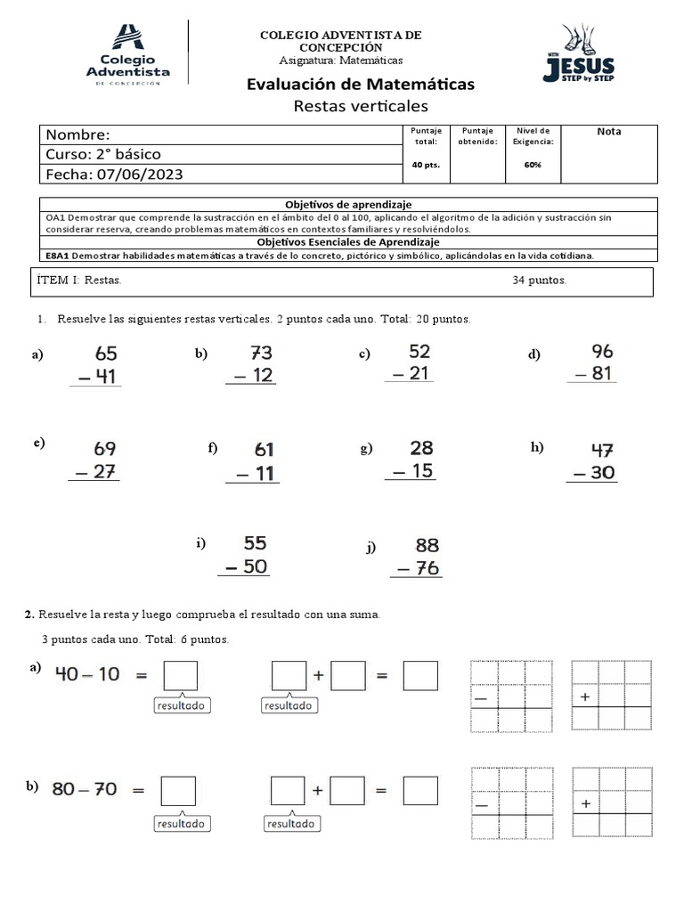 Matemáticas 2° Básico RESTAS Verticales | PDF | Sustracción | Matemáticas