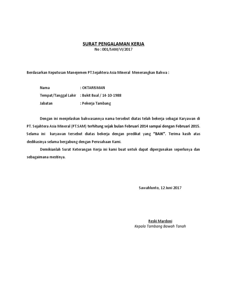 Surat Pengalaman Kerja Pekerja Tambang | PDF