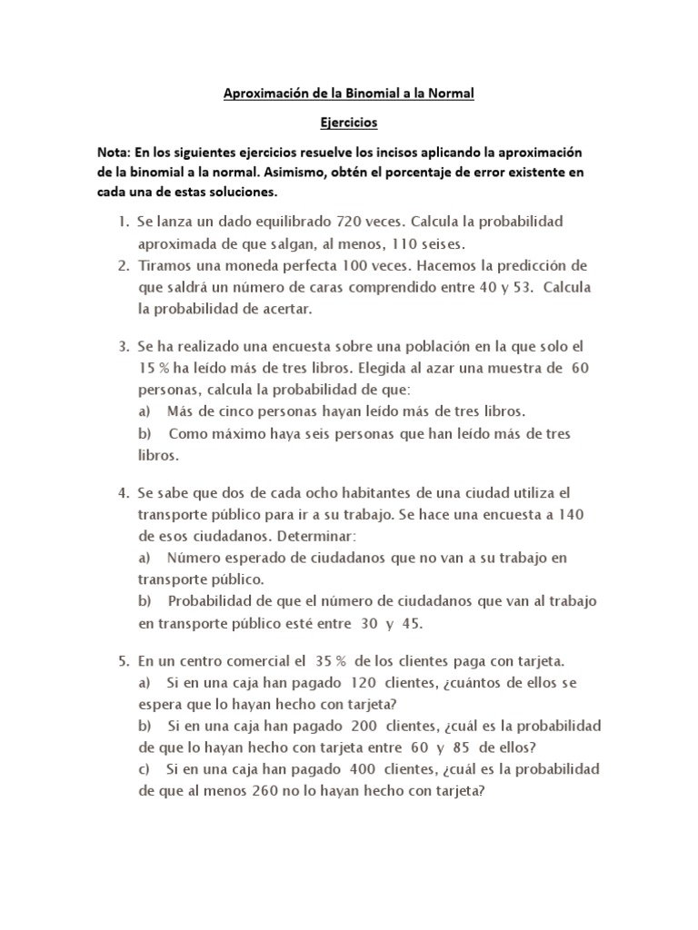 Ejercicios - Aproximación de La Binomial A La Normal | PDF | Probabilidad