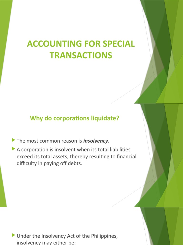 ACCOUNTING FOR SPECIAL TRANSACTIONS - Corporate Liquidation | PDF | Insolvency | Liquidation