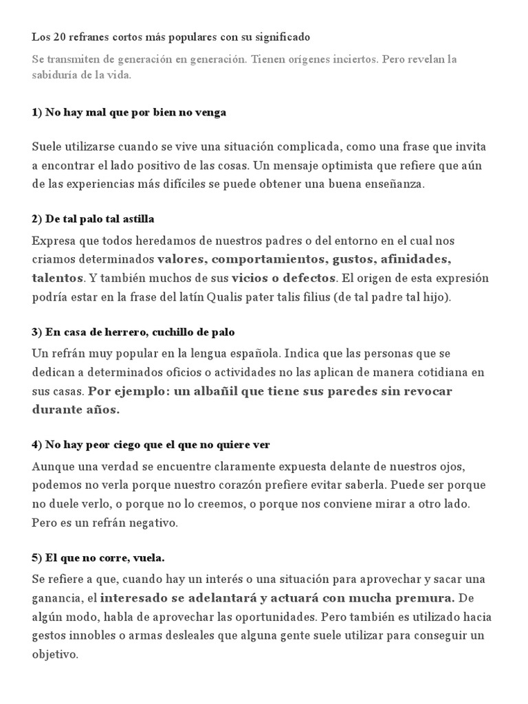 20 Refranes Cortos y su Significado | PDF