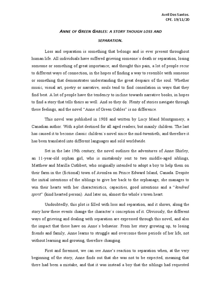 Anne of Green Gables Essay | PDF | Anne Of Green Gables | Psychology
