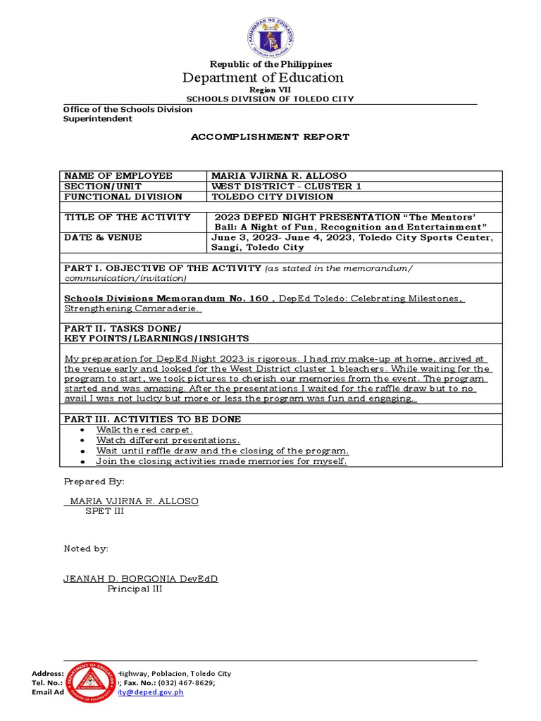 2023 DEPED NIGHT Accomplishment Mam VIRNA | PDF | Career & Growth