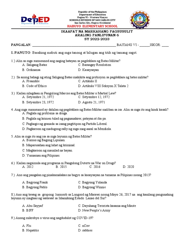 4th-Quarter-Exam-ARAL PAN 6 - Final | PDF