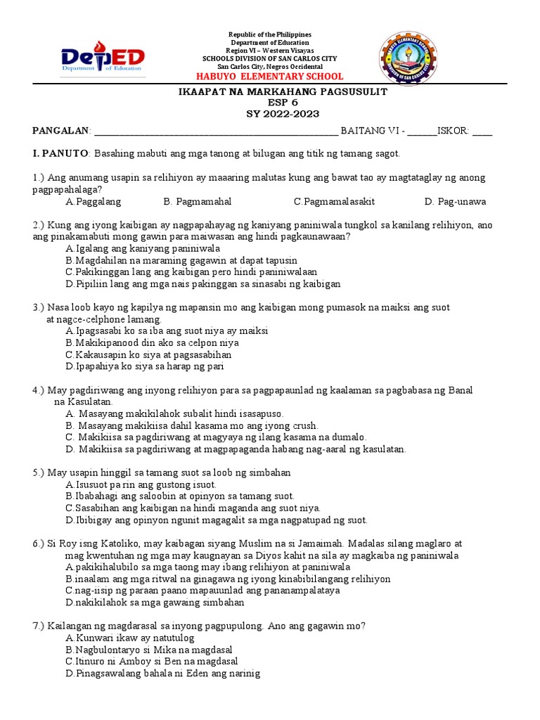 4th Quarter Exam ESP 6 - Final | PDF