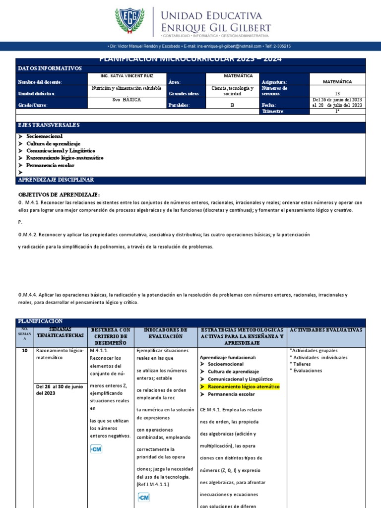Planificación de Matemática de 8vo B | PDF | Ecuaciones | Números