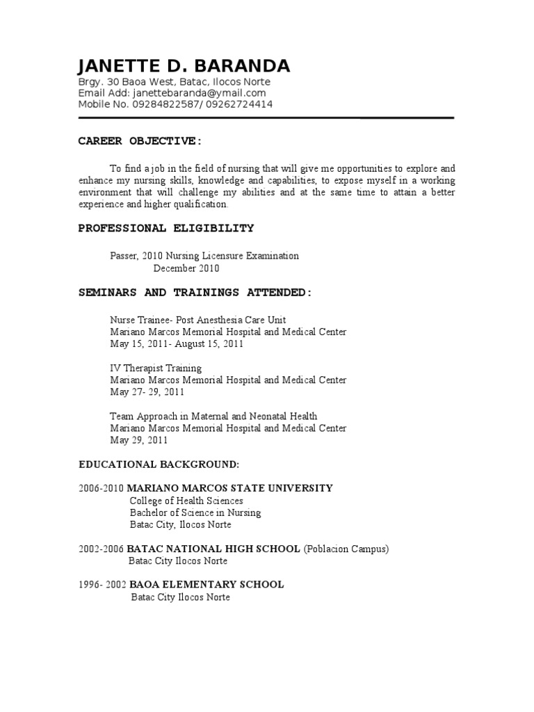 Nursing Resume: Janette D. Baranda | PDF