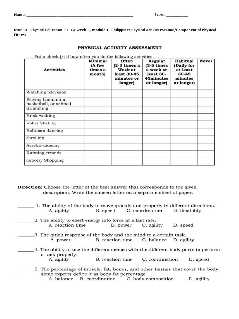 PE Q4 Week 1, Module 1 Philippines Physical Activity Pyramid - Component of Physical Fitness | PDF