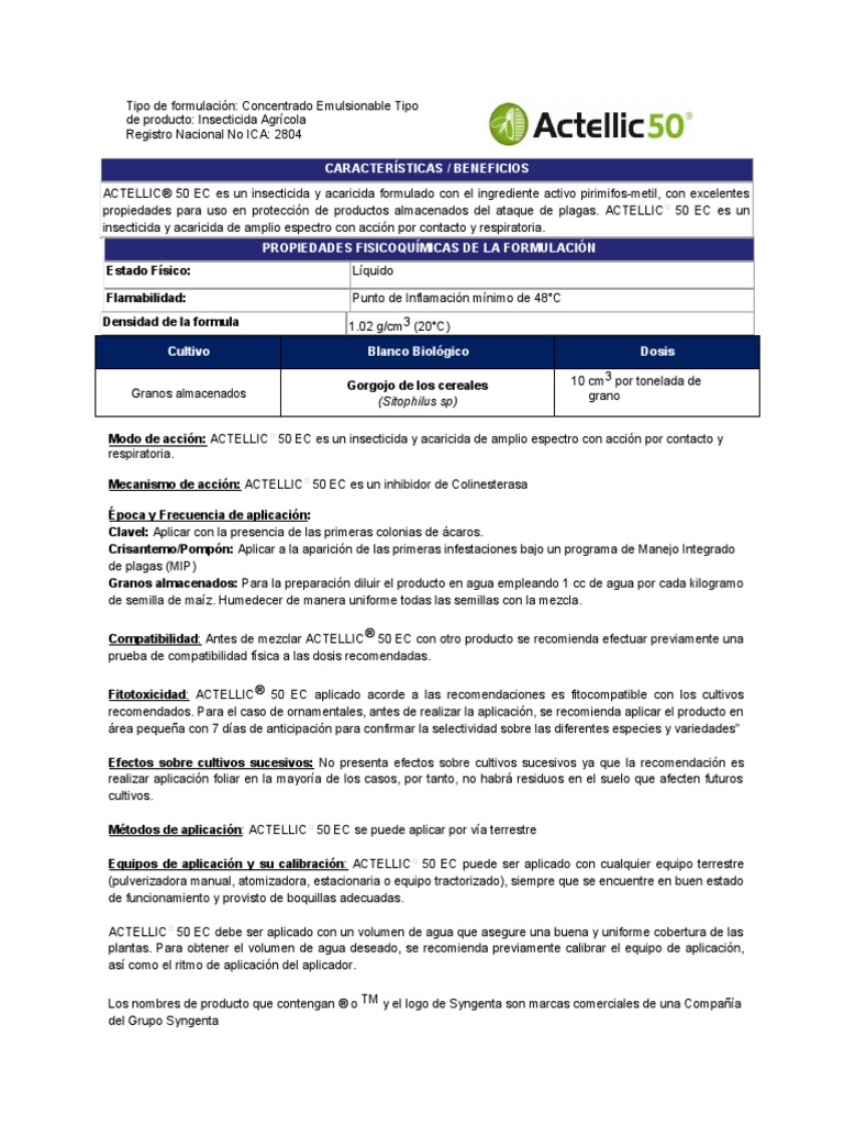 Actellic 50 Ficha Tecnica 15 Abril 2022 | PDF | Agua | Insecticida