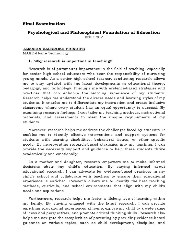 Final Examination Educ 202 | PDF | Teachers | Learning