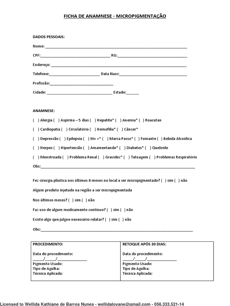 Ficha+de+Anamnese+e+Autoriza - C3 - A7 - C3 - A3o Wellida | PDF ...