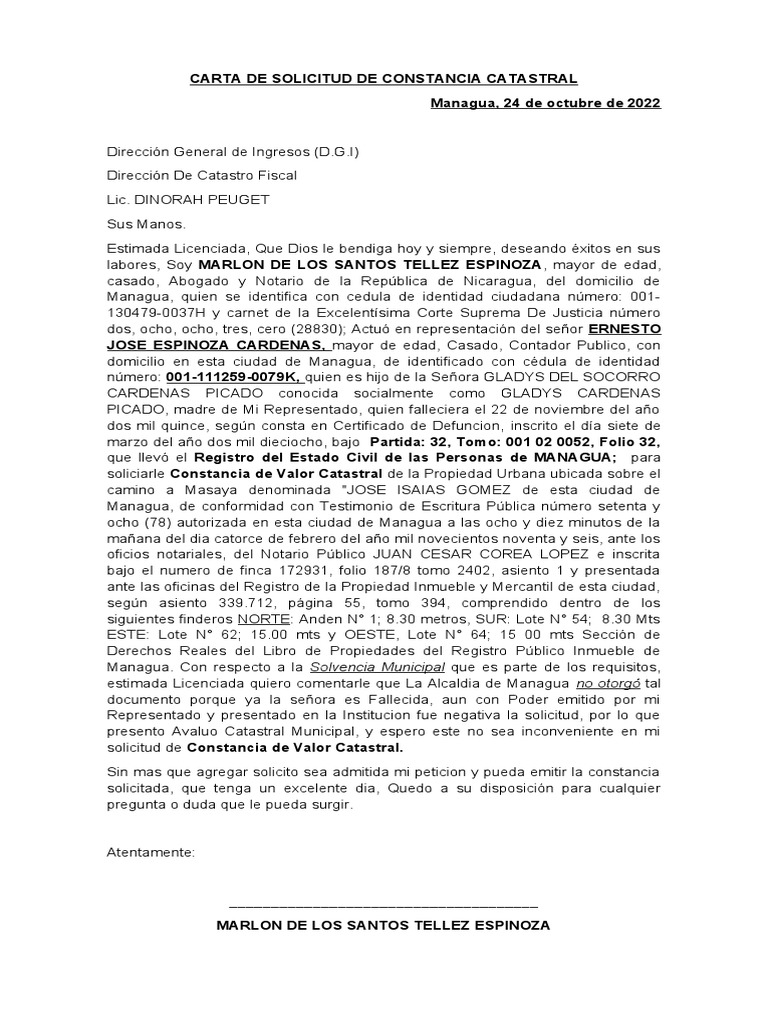 Carta de Solicitud de Constancia Catastral | PDF