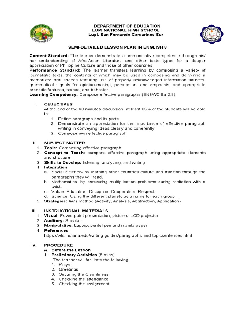 Cot English 8 Composing Effective Paragraph | PDF | Paragraph | Learning