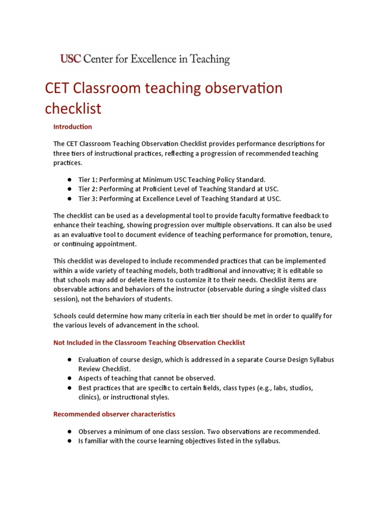 Classroom Teaching Observation Checklist | PDF | Teachers | Learning