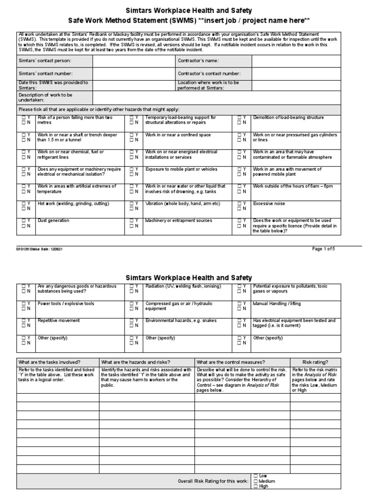 Safe Work Method Statement Template | PDF | Risk | Occupational Safety ...
