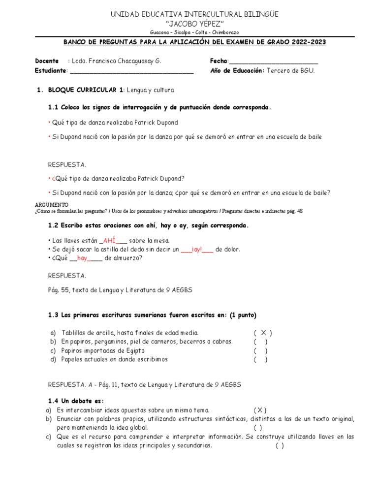 Banco de Preguntas Examen de Grado 2023 | PDF | Narración | Palabra